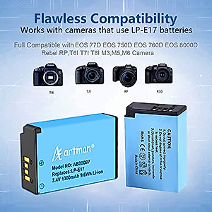 Artman Upgraded LP-E17 Battery 2-Pack and LCD Dual Charger for Canon EOS RP, R10,Rebel T6i, T7i, T8i, T6s, SL2, SL3, EOS M3, M5, M6, 200D, 77D, 750D, 760D, 800D, 8000D, KISS X8i, Digital SLR Camera