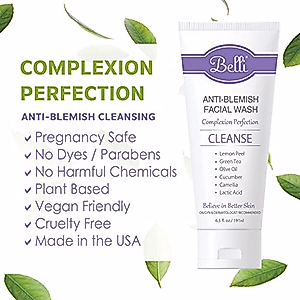 Belli Skincare Anti-Blemish Facial Wash Gel Cleanser | Anti Acne for sensitive skin, pregnancy safe, Natural Extract Face Wash for All skin types | 6.5 Ounce