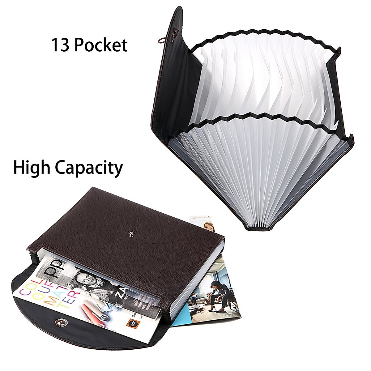 BTSKY PU Leather Expanding File Folders-13 Pockets A4 Letter Size Paper File Folder Accordion Business Document Organizer with Fasteners and Tabs (Brown)