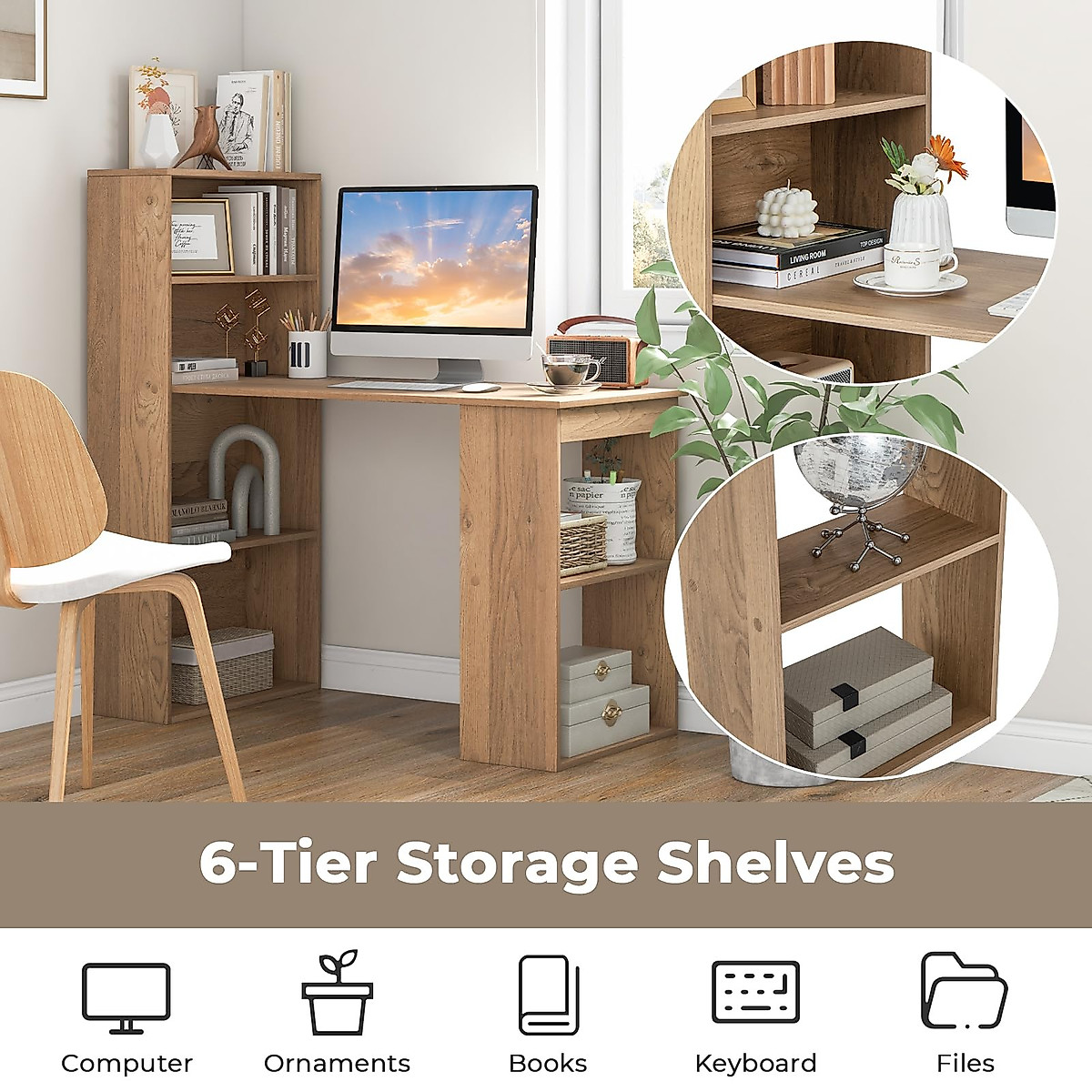 GRAFFY Computer Desk with Shelves, Natural