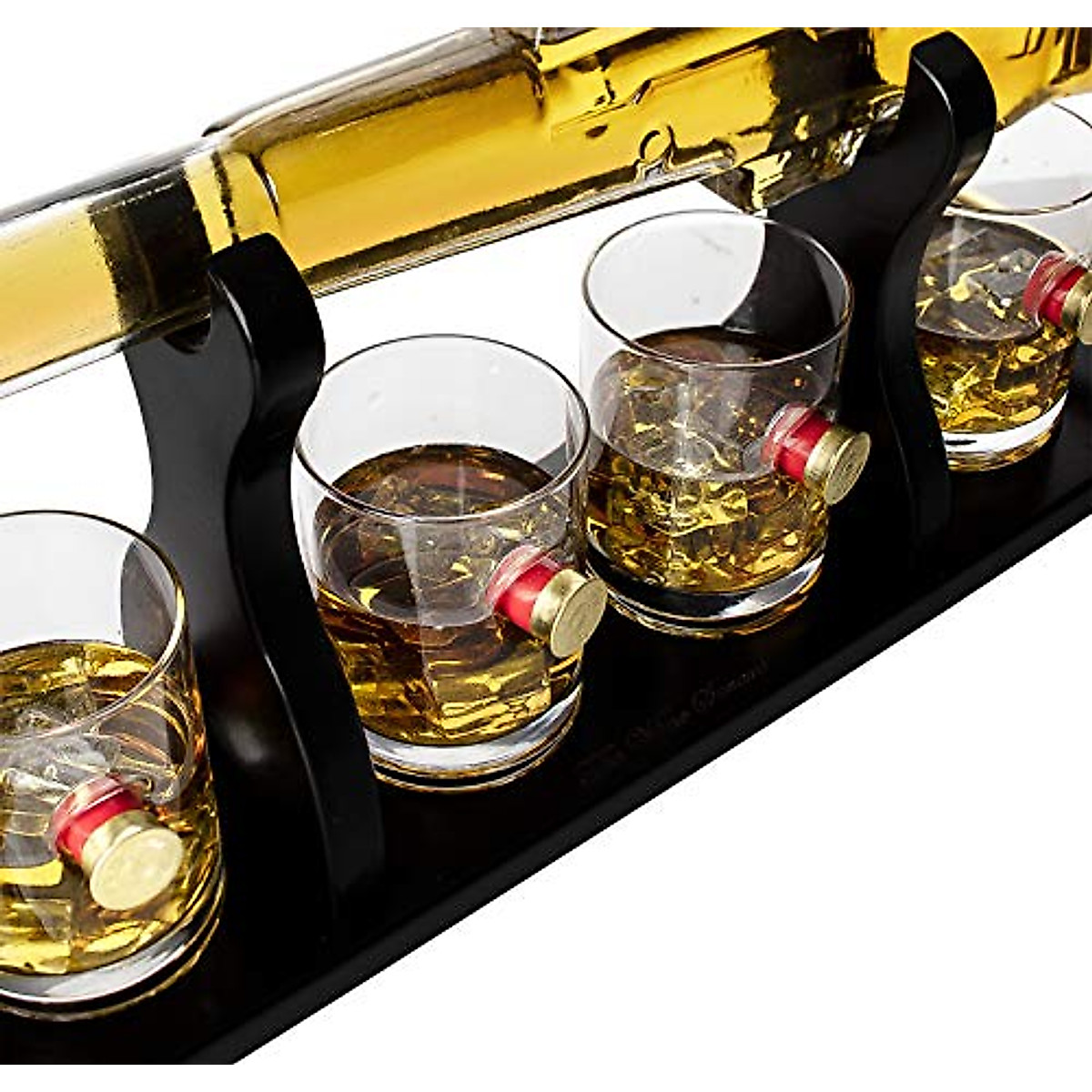 Shotgun Gun Large Whiskey & Wine Decanter Set Bullet Glasses - Limited Edition Elegant Rifle Gun Whiskey Decanter 22.5" With 4 Shotgun Bullet Whiskey Glasses and Mohogany Wooden Base The Wine Savant