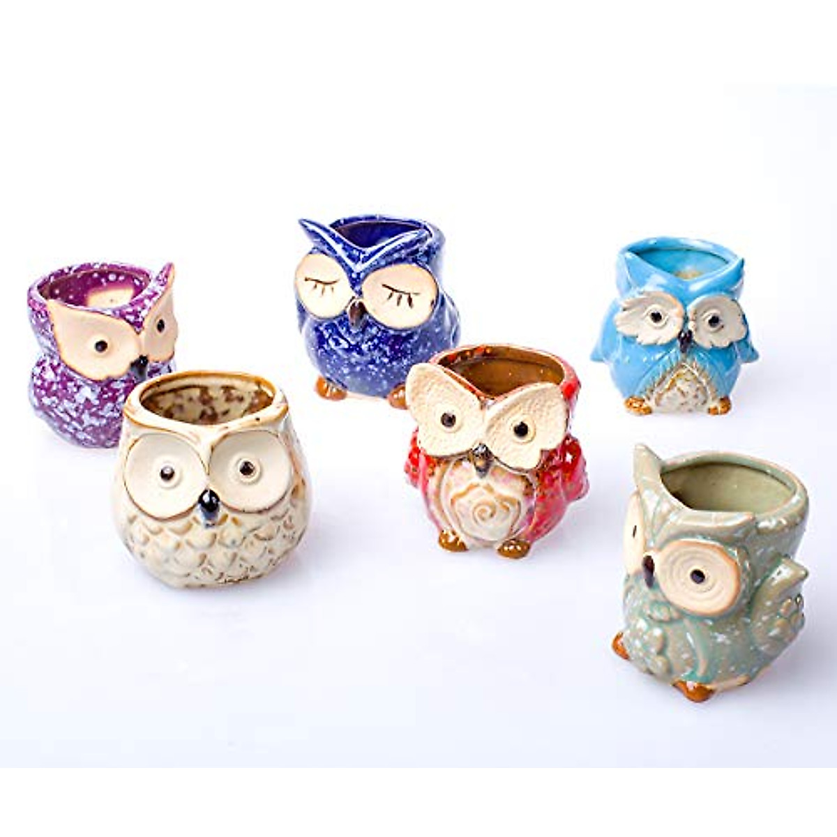 Claywa Ceramic Owl Succulent Pots Cute Animal Plant Planters 2.75" to 3.35" with Drainage Pack of 6 Plants Not Included