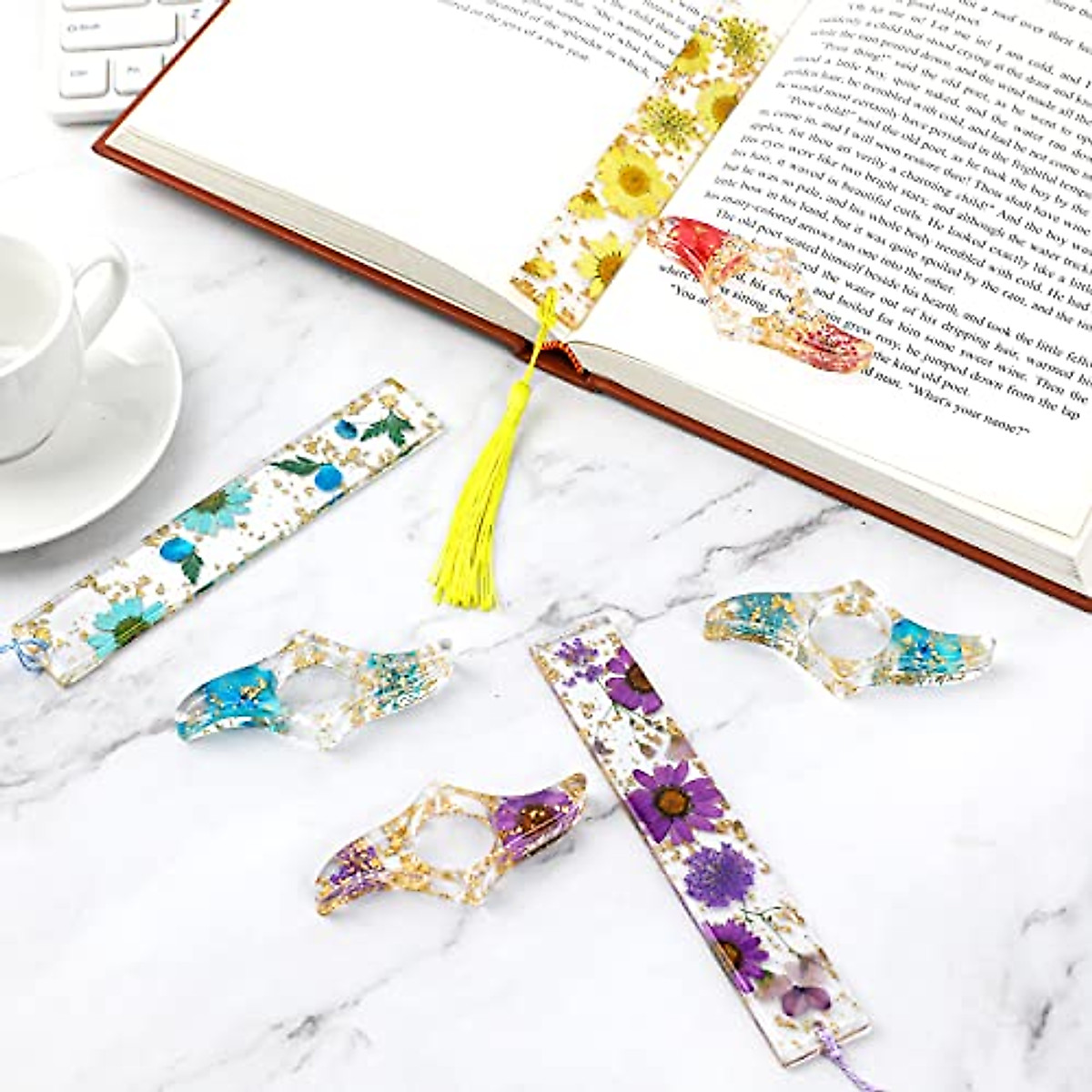 Dried Flower Book Page Holder for Reading,2 Pieces Thumb Book Page Holder and 1 Piece Resin Bookmark with Tassel Cute Book Accessories for Reading Lovers Book Marks for Book Lovers Gifts