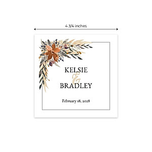 Indie Autumn Floral Personalized Wedding Beverage Napkins / 100 Custom 4 3/4" x 4 3/4" Boho Floral Cocktail 3 Ply Napkins/Bridal Shower Engagement Party Supplies/Made In The USA
