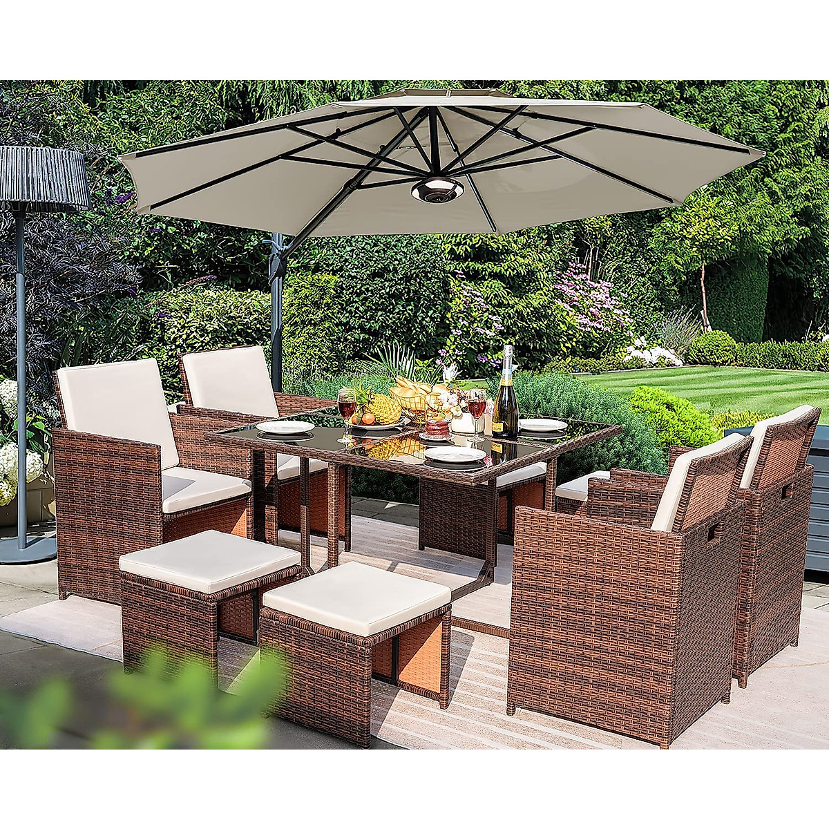 Homall 9 Pieces Dining Outdoor Furniture Patio Wicker Rattan Chairs and Tempered Glass Table Sectional Conversation Set Cushioned with Ottoman (Brown)
