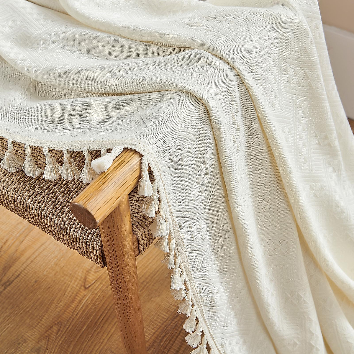 Joydeco Beige Boho Curtains 84 Inches Long 2 Panels Set, Cream Boho Curtains for Bedroom Living Room, Super Soft Light Filtering Country Rustic Semi Sheer Farmhouse Curtains Rod Pocket