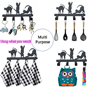 PandS Cute Cat Key Holder Coat Hooks - Decorative Black Metal Wall Hooks with Adhesive Stick On Hooks, Wall Damage Free, 9.45 x 6.3 inches