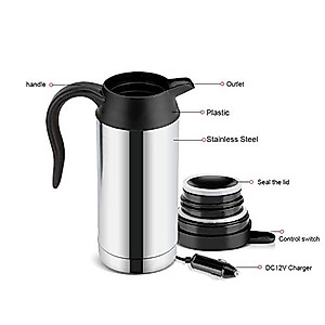 12v Car Kettle Water Boiler, 750ml Stainless Steel Car Heating Cup Electric Kettle for Car Travel Kettle Water Warmer Coffee Mug for Car