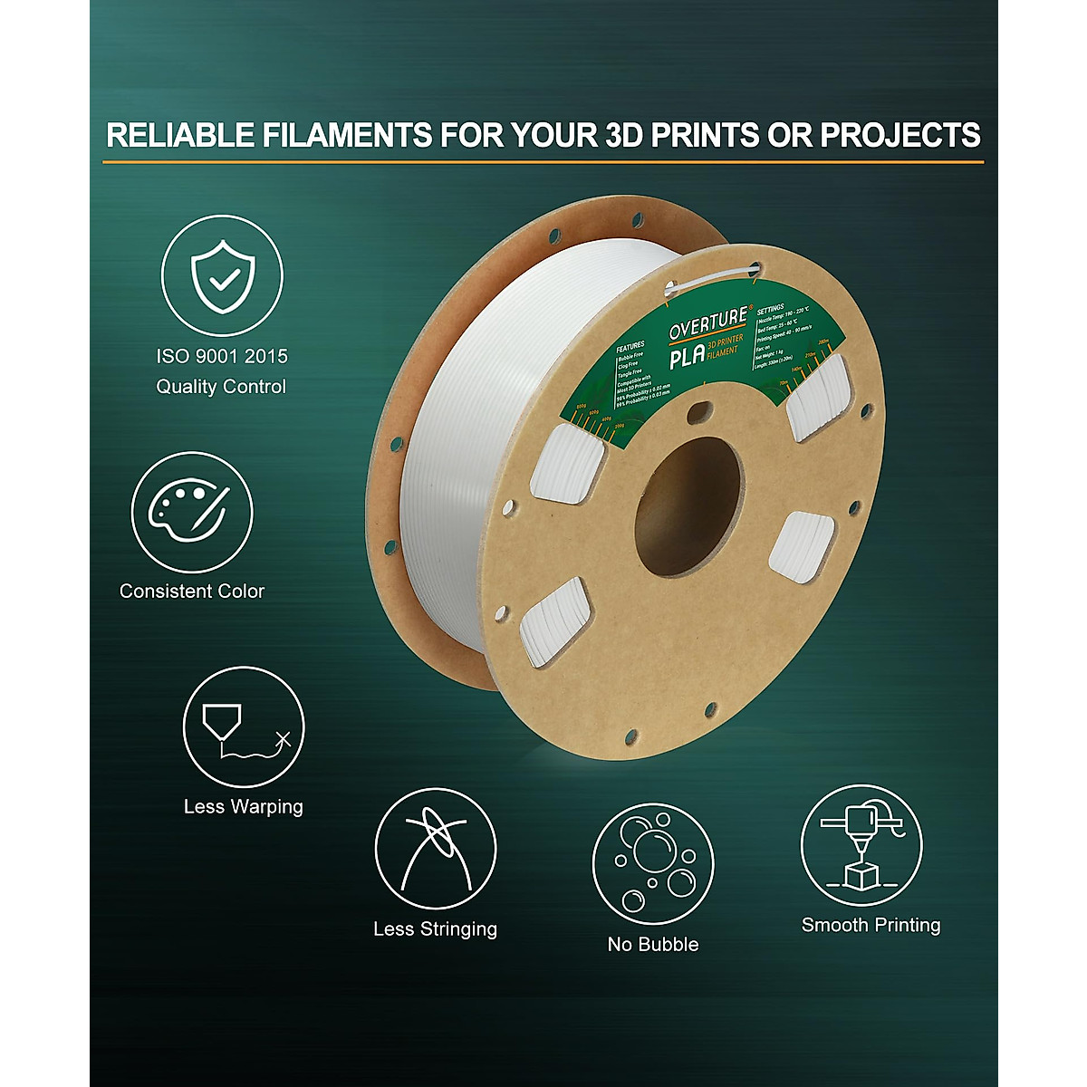 OVERTURE PLA Filament 1.75mm PLA 3D Printer Filament, 1kg Cardboard Spool (2.2lbs), Dimensional Accuracy +/- 0.02mm, Fit Most FDM Printer (White 1-Pack)