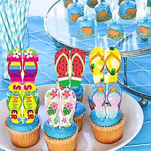 36pcs Beach Flip Flops Cupcake Toppers Summer Beach Party Cupcake Toppers Decorations Pool Party Decorations Supplies for Summer Birthday Tropical Luau Hawaiian Party Supplies