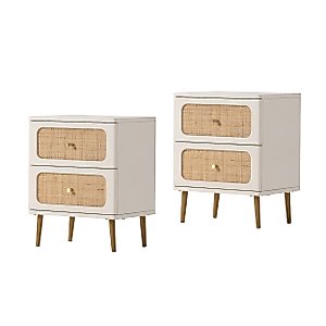 LONYKE Wicker Rattan Nightstand Set of 2, 2-Drawer End Table White Finish Side Table for Small Spaces, Modern Farmhouse Wooden Bedside Table, Boho Mid-Century Coastal Storage Cabinet