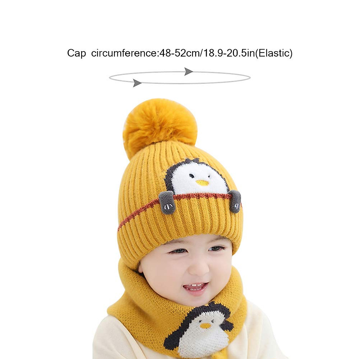 Toddler Winter Beanie Hat Scraf Set, Cute Cartoon Penguin Knitted Hats Soft Warm Infant Hat with Pompom for Baby Boys and Girls 1-3 Years (Yellow)