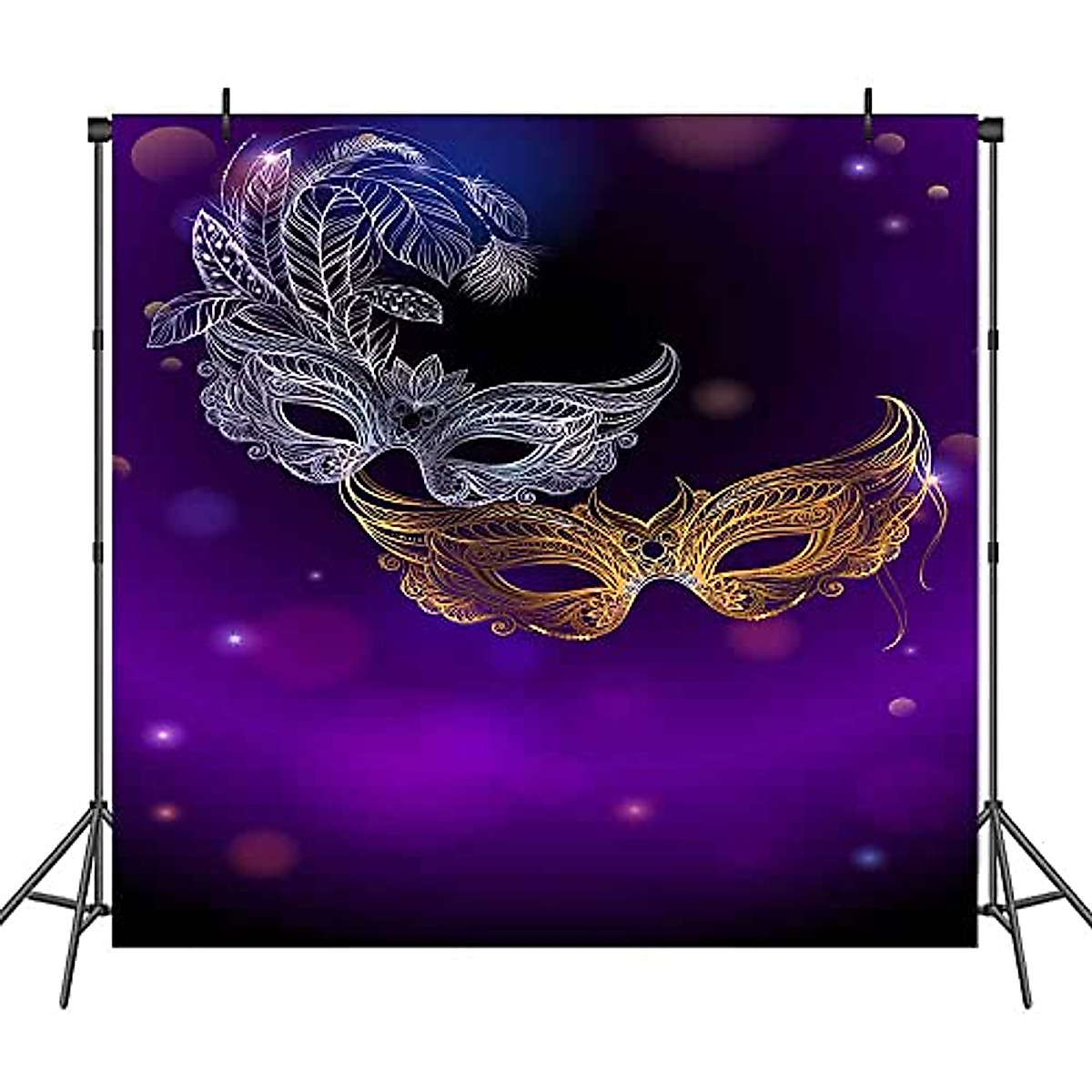 PHMOJEN Gold and Silver Mask Backdrop Prom 2022 Masquerade Violet Photo Backdrop for Graduation Prom Party Decor, Polyester 6x6ft Dress-up Party School Dance Backdrop Photo Studio Props BJLSPH1426