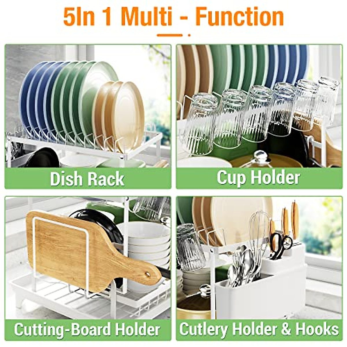 kenvc Dish Drying Rack,Large Dish Drying Rack，Dish Drainers for Kitchen Counter,Board Holder, 6 Cup Holder，Removable Large Capacity Dish Drainer, Rust-Proof Dish Drainer, White