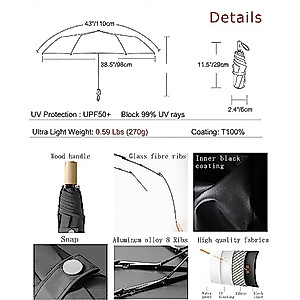 choedii Sun Umbrella UV protection Compact Portable Ultra light Weight Parasol Travel Rain Umbrella For Walking Women Waterproof Folding Umbrella 8 Ribs 0.59 Lbs (Black Manual)