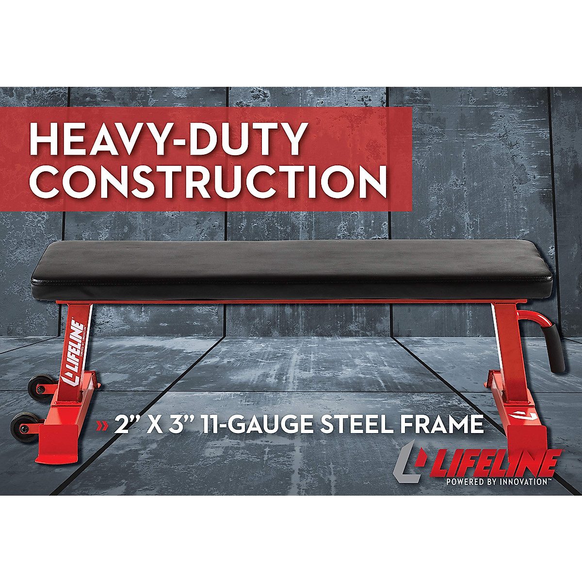 Lifeline Flat Weight Bench Heavy Duty 11-Gauge Steel with Transport Wheels and Handle for Home Gym Workouts