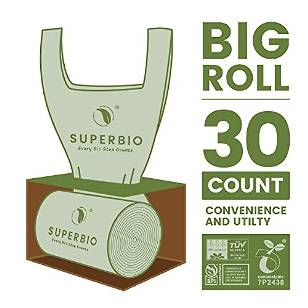 SUPERBIO 13 Gallon Compostable Handle Tie Tall Kitchen Garbage Bags, Heavy Duty Food Scrap Trash Bags Certified by BPI Meeting ASTM D6400 Standards, Eco-Friendly and Convenient, 30 Count