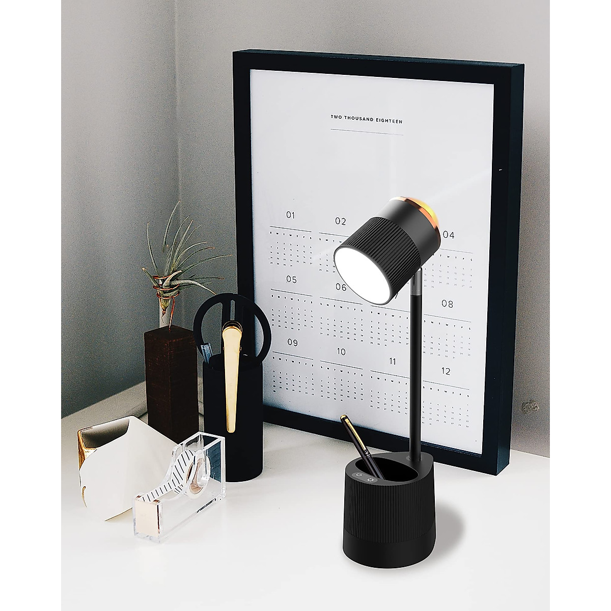 Flymuda LED Desk Lamp with Sunset Lamp, Pen Holder, Led Reading Lamp with 3 Color Modes, 360° Rotation, Battery Operated, Touch Control, Sunset Night Light & Desk Lamp 2 in 1 for Home Office - Black