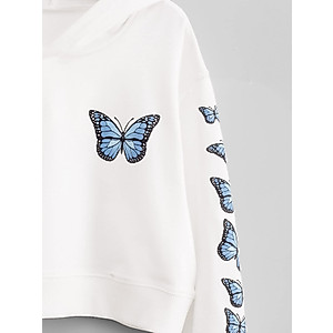 Romwe Girl's Butterfly Print Drop Shoulder Long Sleeve Pullover Hoodie Sweatshirt Crop Top Tee Shirt White 140