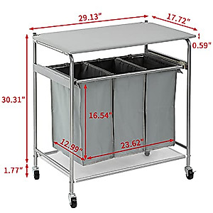 PARANTA Laundry Sorter Cart with Ironing Board Side pull 3-Bag Heavy-Duty 4 Wheels Laundry Hamper Light Grey