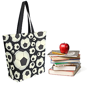 ZzWwR Cute Soccer and Football Balls Pattern Large Canvas Gym Beach Travel Reusable Grocery Shopping Tote Bag Foldable Handbag,Black White