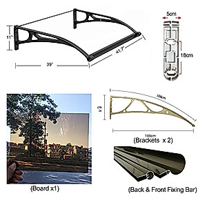 UEMMILLY Window Door Awning Canopy UPF 50+, Aluminum Black Bracket Polycarbonate Board.Front Doors/Windows Overhang Awning for Sun Shutter, UV, Rain, Snow Protection Solid Sheet
