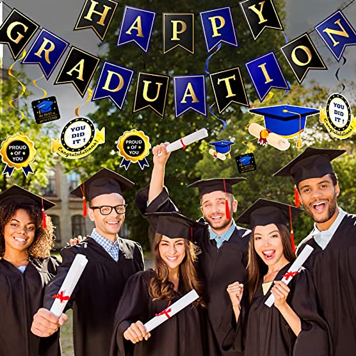 Graduation Party Decorations 2022, Happy Graduation Banner Garland Photo Backdrop Streamer and Blue graduation Cap, Proud of You Hanging Swirls for Ceiling Home Classroom