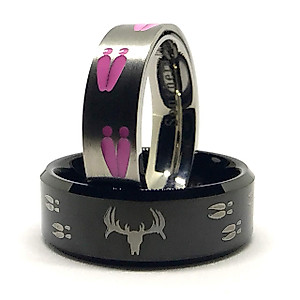 Couples Hunting Ring Set With Deer Tracks - His BLack and Her Silver Tungsten (His-9 Hers-7) Today's Special