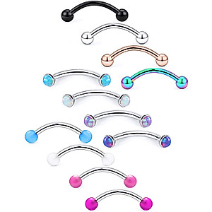Prjndjw 16G Eyebrow Rings Surgical Steel Eyebrow Piercing Opal Glow in The Dark Cartilage Rook Daith Tragus Earrings Navel Belly Lip Curved Barbell Body Jewelry 5/16in(8mm) 12PCS 3mm