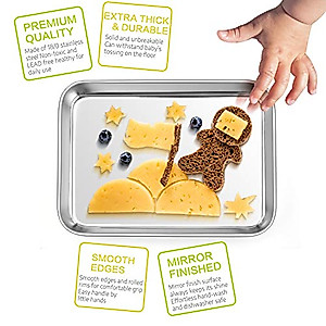 E-far Stainless Steel Kids Plates, 4 Pieces Mini Metal Dinner Dish Set for Kids Toddler Child, 7.3” x 5.3” x 0.75”, Non-Toxic & & Dishwasher Safe, Great for Self-Feeding/Picnic/Outdoor Camping