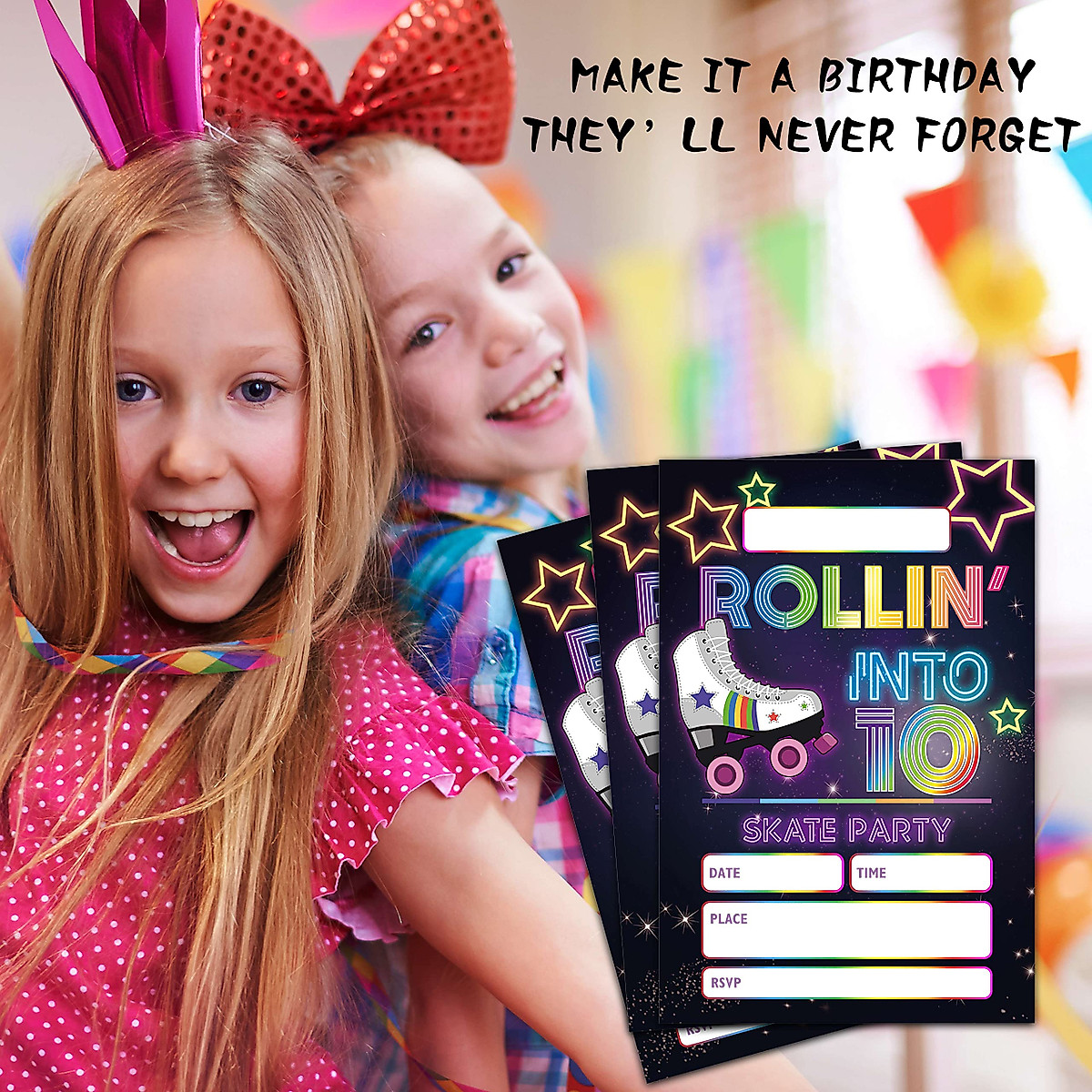 4" x 6" Neon Roller Skating 10th Birthday Party Invitation Cards With Envelopes (20 Sets) - Rolling Into 10 - C03