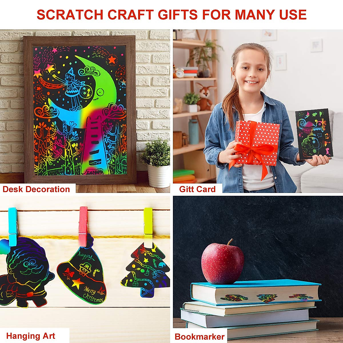 Nobranded Scratch Art Paper Set for Kids, 88 Pcs Rainbow Magic Scratch Off Paper of Various Shapes Suitable for Kids Crafts Arts Supplies Kits, Fantastic Christmas Birthday Party Favor Gift