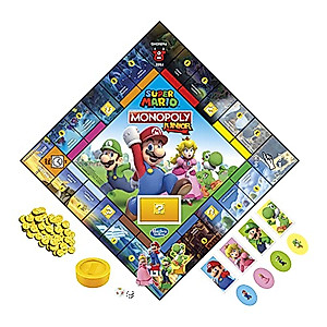 Monopoly Junior Super Mario Edition Board Game, Fun Kids' Ages 5 and Up, Explore The Mushroom Kingdom as Mario, Peach, Yoshi, or Luigi (Amazon Exclusive)