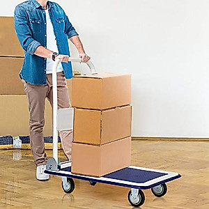 Safstar Folding Push Cart Dolly, Rolling Platform Cart for Garage Warehouse, Portable Flatbed Cart with Non-Slip Swivel Casters (330Lbs Load-Bearing Capacity, Blue)