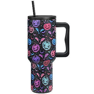 40 oz Halloween Tumbler with Handle, Wicked Pumpkin & Bat Tumblers with Lid and Straw, Double Walled Vacuum Coffee Travel Mug, Keep Cold for 30 Hours, Ideal Gift for Women Men (Black)
