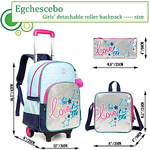 Egchescebo Kids Rolling Backpack for Girls Suitcases Trolley Backpacks with Wheels Roller Luggage Backpack on Wheels with Lunch Box Pencil Case for Elementary Girls Travel School Bag Aged 6-15 Blue