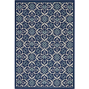 Nourison Caribbean Navy 7'10" x 10'6" Area-Rug, Geometric, Floral, Bed Room, Living Room, Dining Room, Kitchen, Easy-Cleaning, Non Shedding, (8' x 11')