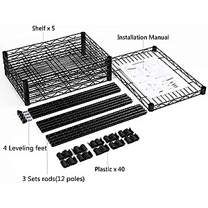 YOHKOH 5-Wire Shelving Metal Storage Rack Adjustable Shelves for Laundry Bathroom Kitchen Pantry Closet (16.6L x 11.8W x 48H, Black)