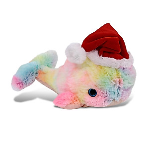 DolliBu Santa Large Rainbow Whale Stuffed Animal Plush Toy - Soft Wild Animal Dress Up with Red Santa Claus Hat, Cute Wildlife Gift, Perfect Holiday with Name Personalization - 9 Inches