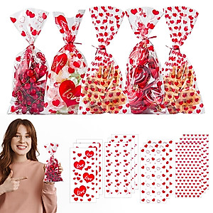 Biubee 160 Pieces Valentine Cellophane Bags- 4 Assorted Styles Valentines Favor Treat Gift Goodie Cello Bags Clear with 160pcs Twist Ties for Valentines Party Supplies Candy Cookies
