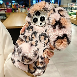 for Samsung A04/A04s Furry Case, Lucky Leopard Pattern Cute Rabbit Bunny with Soft Fluffy Ears Tail Doll Fuzzy Hair Fur Plush Phone Case Cover Women Girl