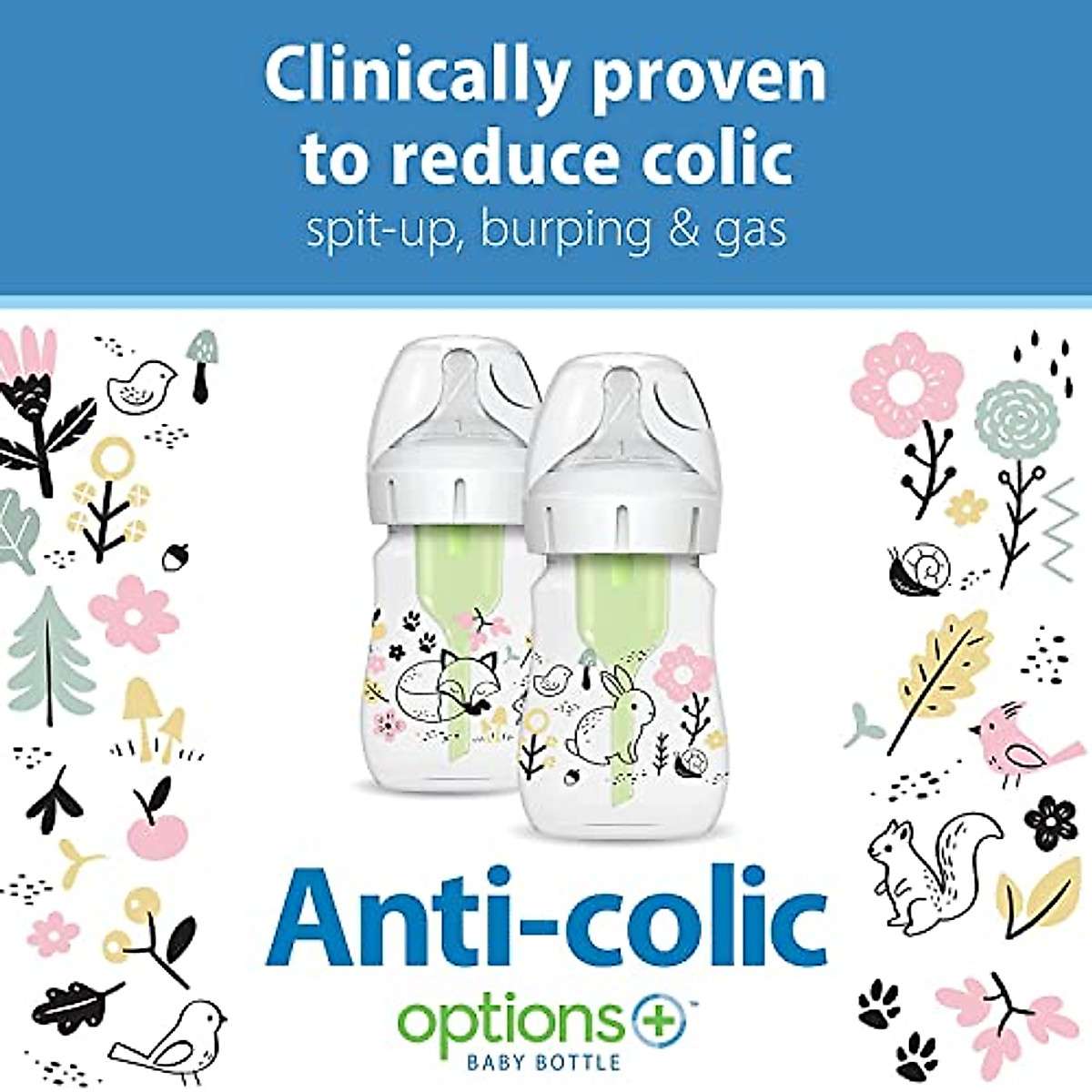 Dr. Brown’s Wide-Neck Baby Bottle Woodland Designer Bottles, 5 oz/150 mL, 2-Pack with HappyPaci Pacifiers and Lovey Holder, Deer