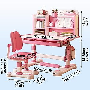 PERZOE Kids Study Desk Chair, Multi Functional Children School Study Table Chair Set with Tilt Desktop Book Stand Storage Drawer,Ergonomic Kids Desk and Chair Set Height Adjustable for Boys Girls Pink
