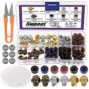 Swpeet 162Pcs 3 Colors Skull Bead Skeleton Beads and 8mm Natural Mixed Color Gemstone Round Loose Beads Assortment Kit, Brass Micro Pave Cubic Zirconia Skull Head Beads for Jewelry Making