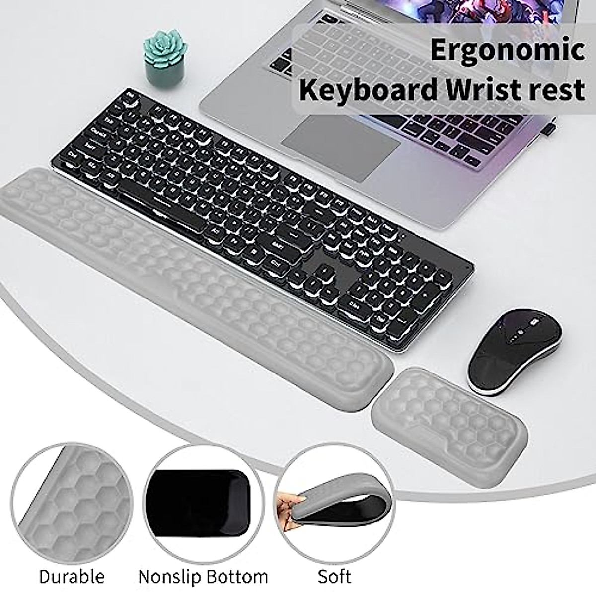 Giecy Keyboard Wrist Rest,Keyboard Pad Upgrade Enlarge Gel Memory Foam Set Keyboard Rest Cushion Support for Office, Computer Laptop Comfortable Lightweight for Easy Typing Pain Relief, Grey