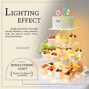 4 Tier Square Acrylic Cupcake Display Stand Holder with LED String Light Pastry Dessert Serving Platter for Birthday or Wedding Party
