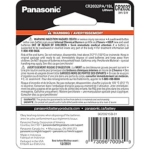 Panasonic CR2032 3.0 Volt Long Lasting Lithium Coin Cell Batteries in Child Resistant, Standards Based Packaging, 1-Battery Pack