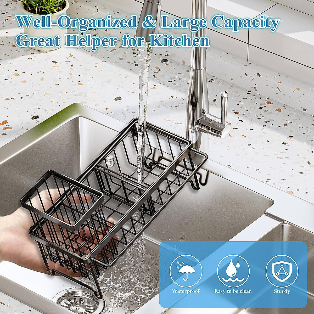 Spoge Holder for Kitchen Sink - Sink Caddy with Long Brush Holder & Divider, SUS304 Stainless Steel Kitchen Sink Organizer, Dish Soap Dispenser Kitchen Organization and Storage Accessories