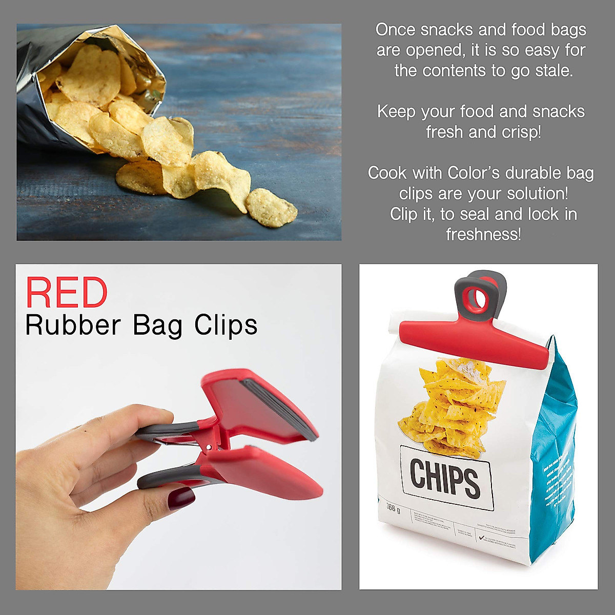 COOK WITH COLOR Food Clips - Chip Bag Clips Set of 4, 5 Inches Wide Heavy Duty Chip Clips, Large Bag Clips for Food Storage with Air Tight Seal Grip for Bread Bags, Snack Bags and Food Bags