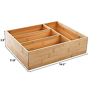 DEAYOU Bamboo Organizer Bin, 100% Bamboo Divided Storage Box, 4-Compartments Cutlery Tray Desktop Holder for Kitchen, Coffee Sugar Tea Bags, Seasoning Spice Packet Pouch, Food, Snack, Shelf, Open Top